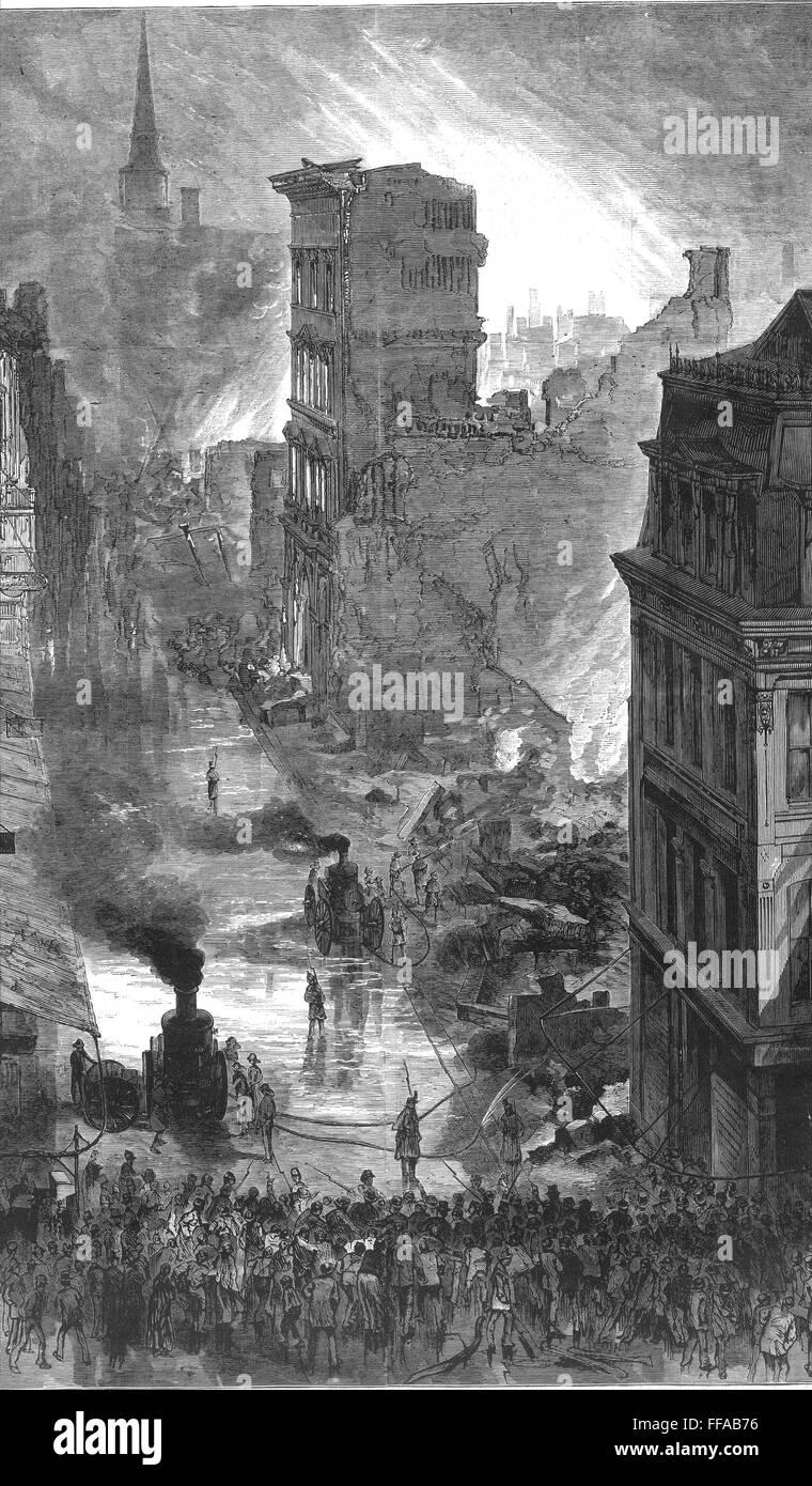 BOSTON FIRE, 1872./nLooking up Washington Street from Summer Street to ...