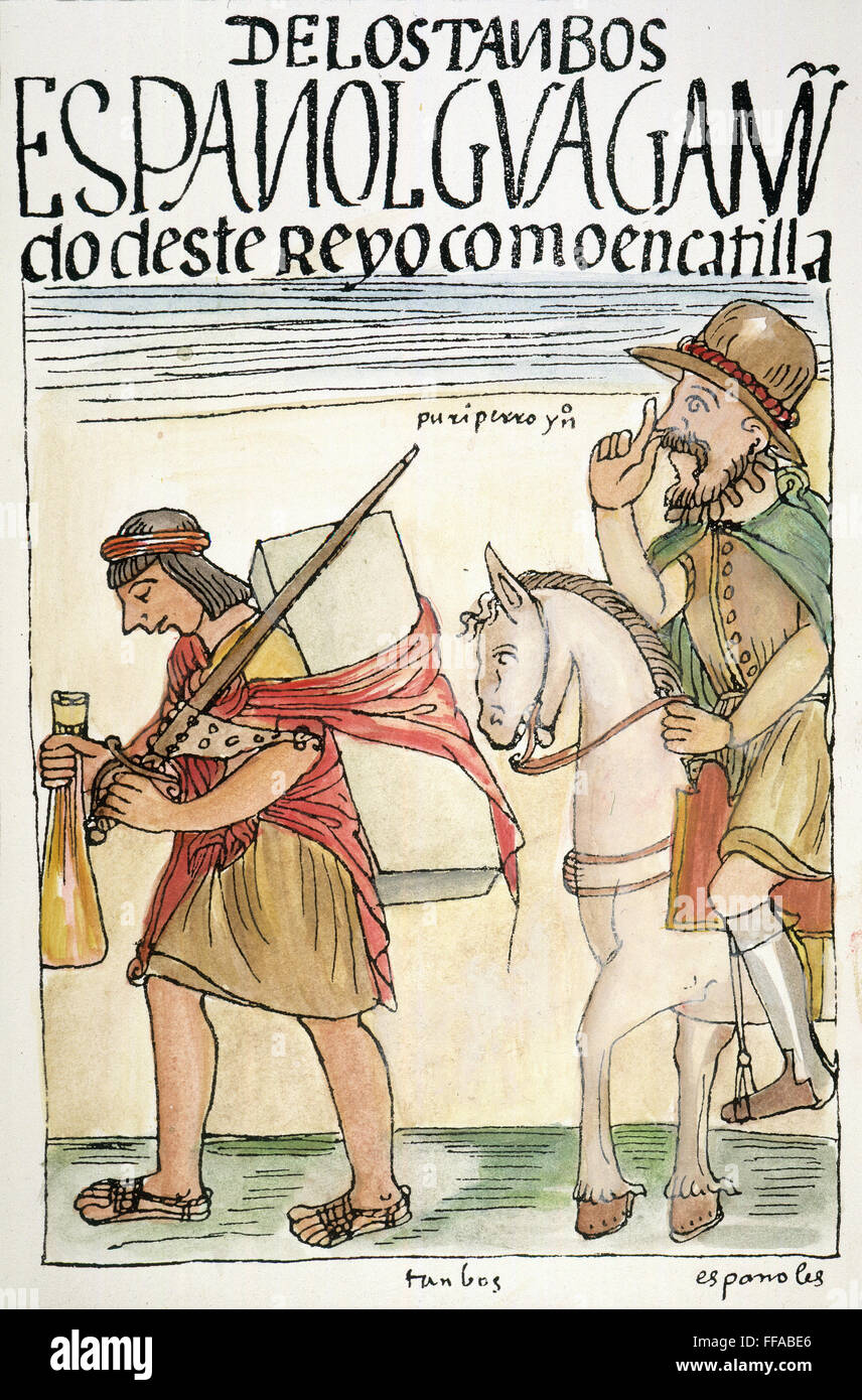 SPANISH CRUELTY TO INCAS. /nA conquistador uses an Inca as a pack-horse ...