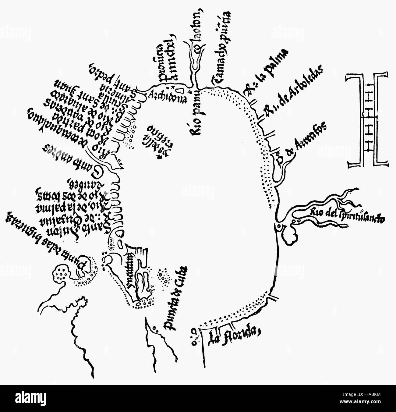 SPANISH CONQUEST, 1524. /nContemporary map of the discoveries in the ...
