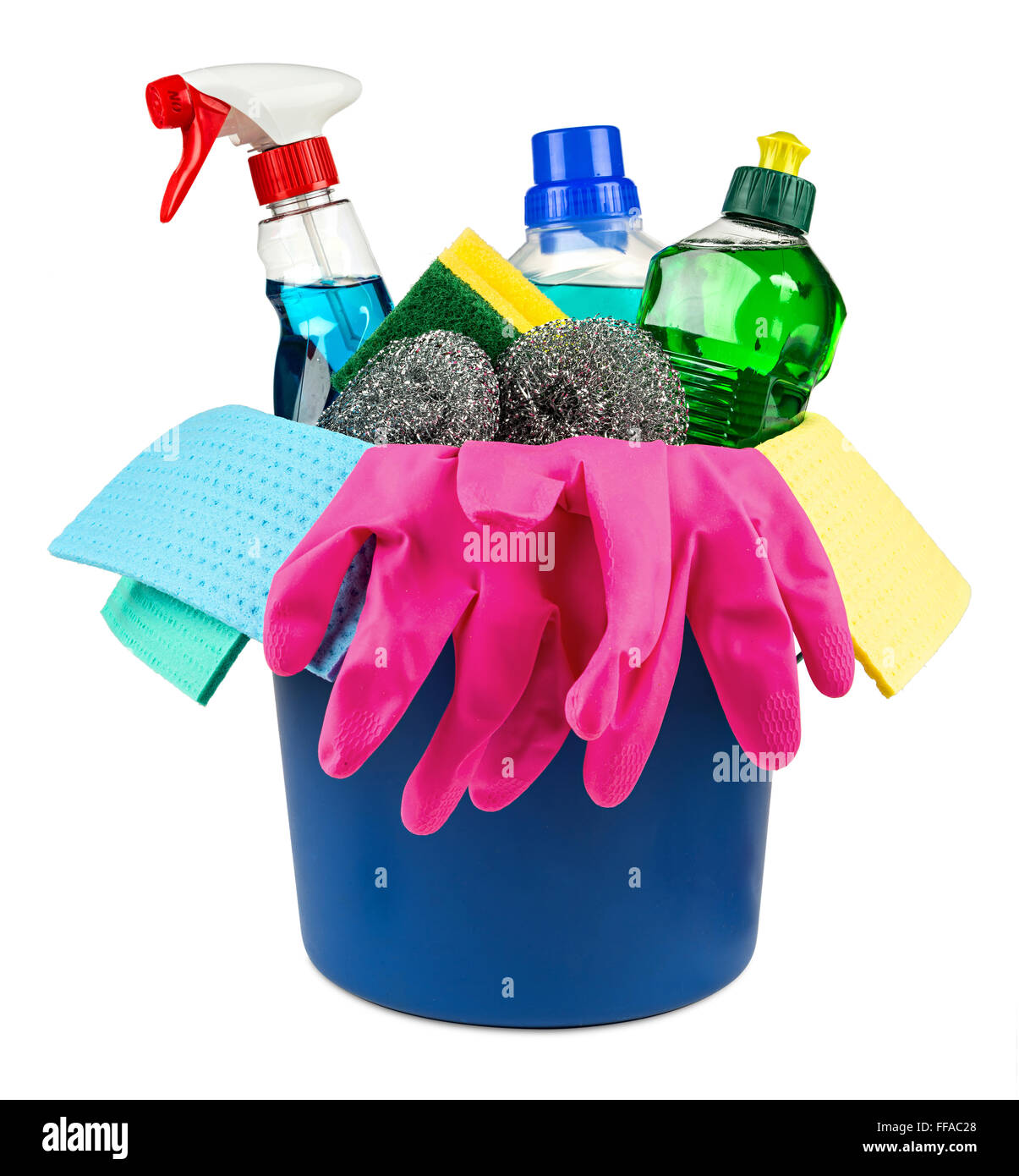 bucket with household cleaners and products on white background Stock ...