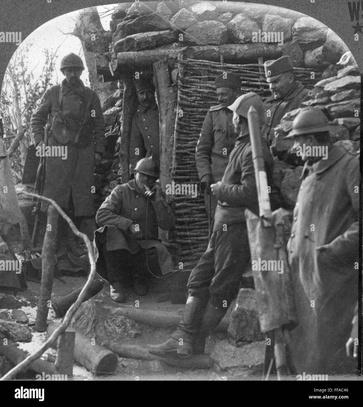 WWI: SERBIAN TRENCHES. /nSoldiers in a Serbian trench awaiting a phone ...