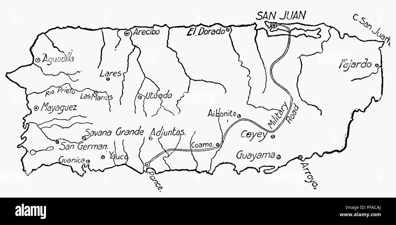 MAP OF PUERTO RICO, 1899. /nLine engraving, Amerian, 1899 Stock Photo ...