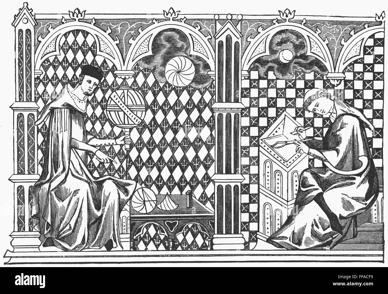 MEDIEVAL MATHEMATICIANS. /nTwo mathematical monks; one teaching the ...