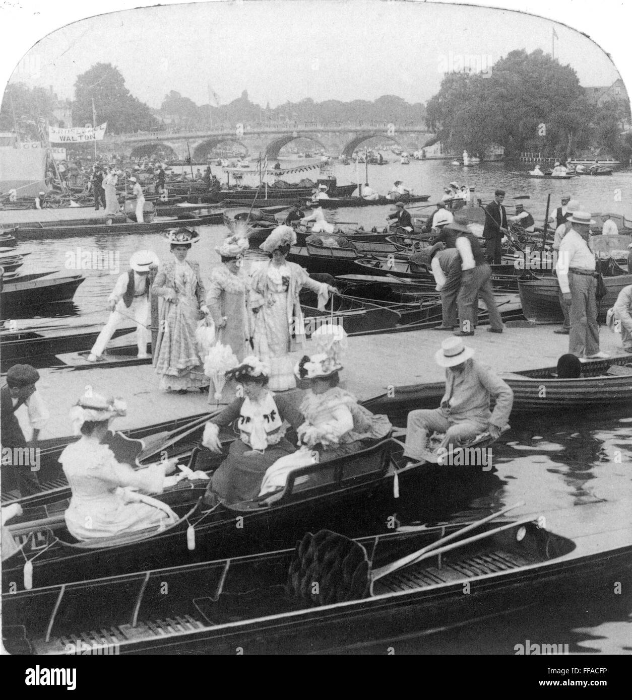 ENGLAND: BOAT RACE, 1902. /nGoing to see the races, Henley Bridge just ...