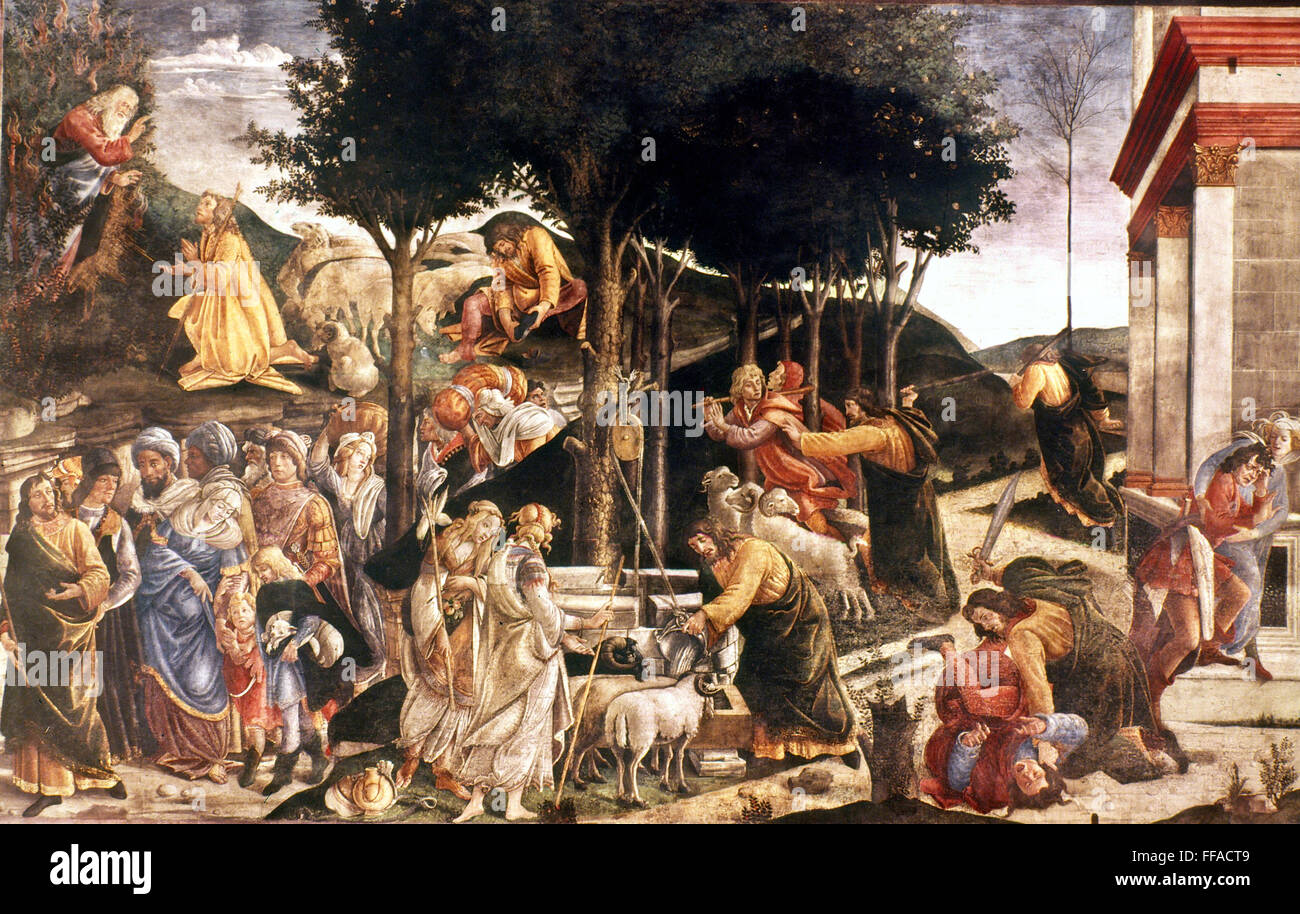 BOTTICELLI: LIFE OF MOSES. /n'The Trials and Calling of Moses.' Fresco ...