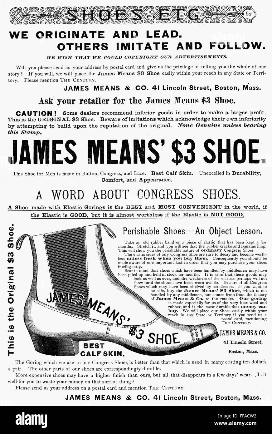 JAMES MEANS' SHOES, 1887. /nAmerican magazine advertisement, 1887 Stock ...