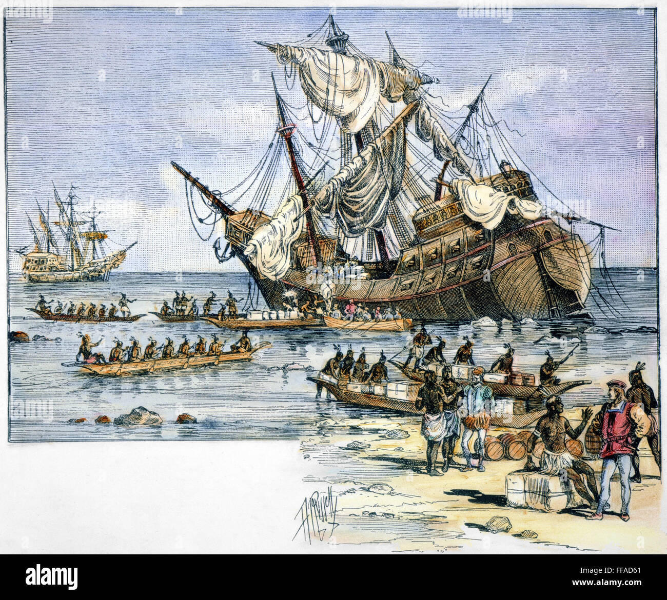 SANTA MARIA: WRECK, 1492. /nNatives of Hispaniola aid Christopher ...