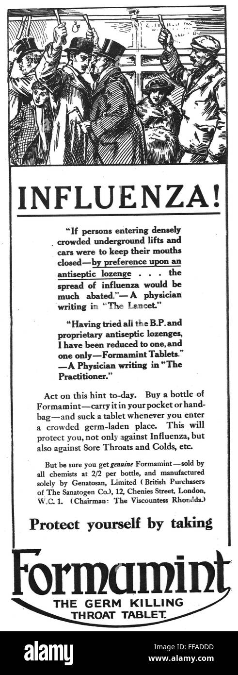 LONDON: INFLUENZA EPIDEMIC. /nEnglish newspaper advertisement, 1918 ...