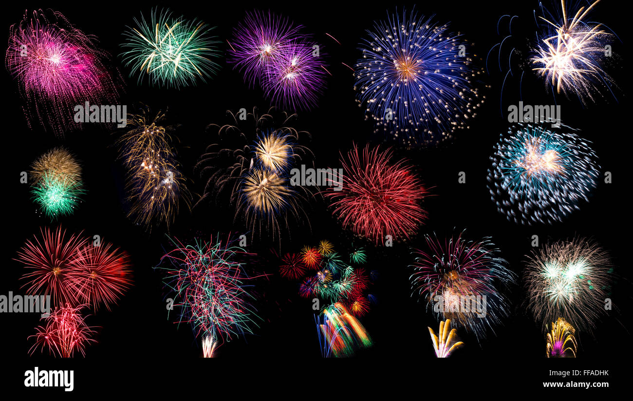 collection of colorful fireworks on black background Stock Photo - Alamy