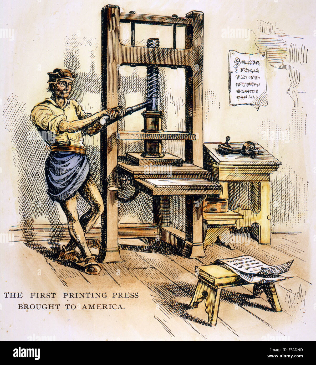 PRINTING PRESS, 1639. /nThe first printing press brought to colonial ...