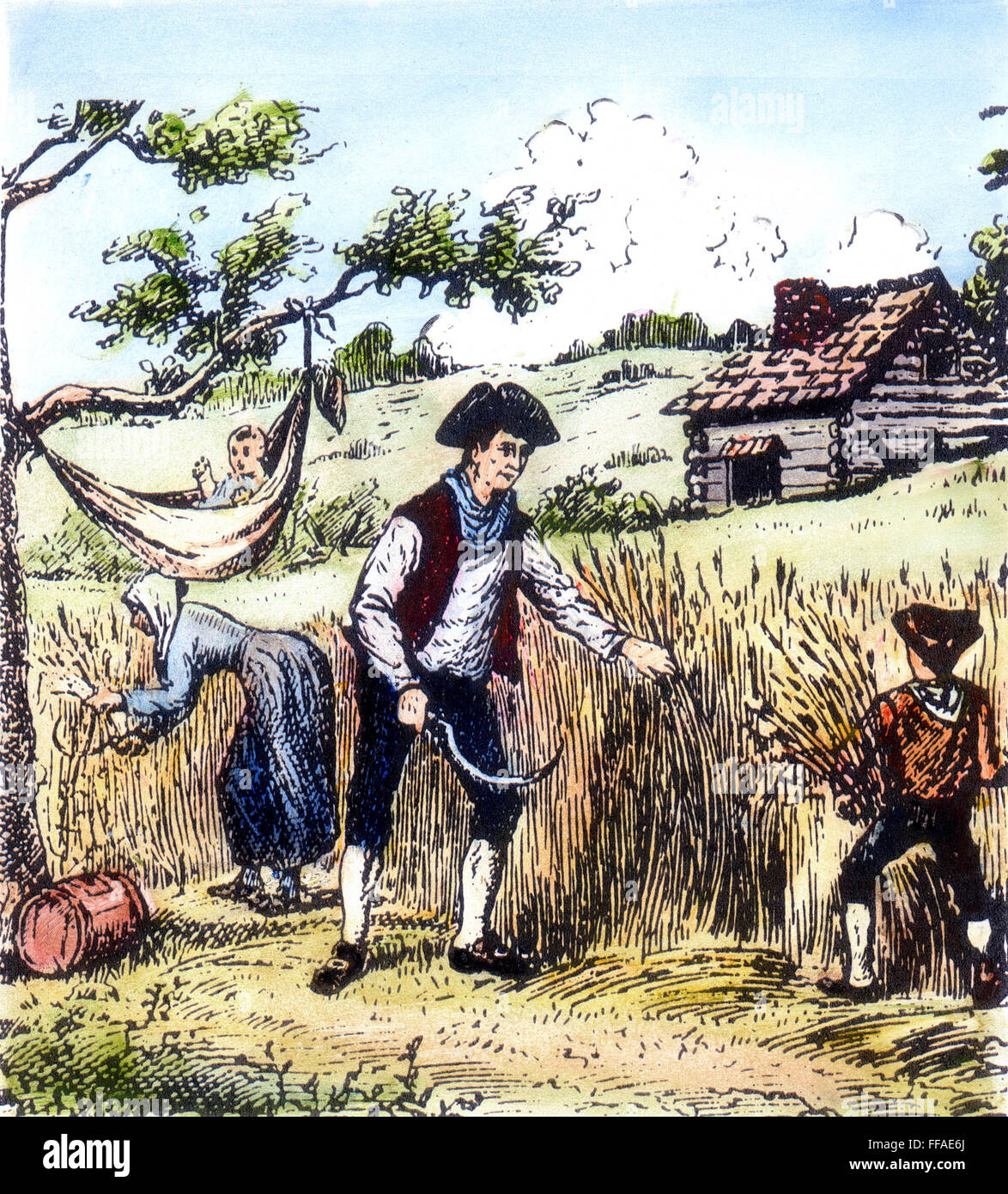 COLONIAL FARMING. /nA farmer and his family harvesting in 18th century ...