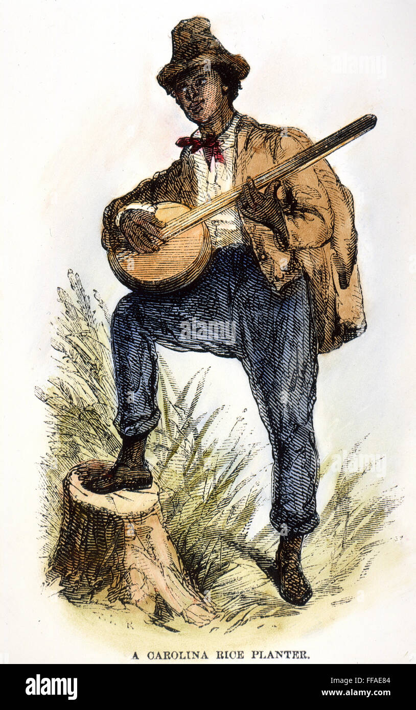SLAVE PLAYING BANJO. /nA slave on a South Carolina rice plantation ...