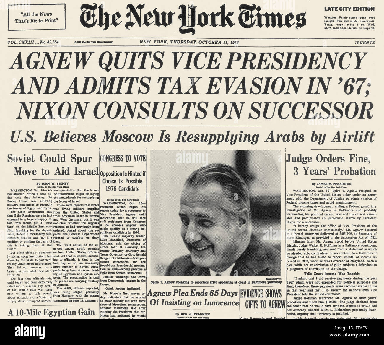 AGNEW RESIGNATION, 1973. /nFront page of the New York Times, 11 October ...