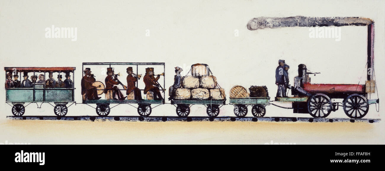 RAILROADING, 1830s. /nPassengers aboard an early American locomotive ...