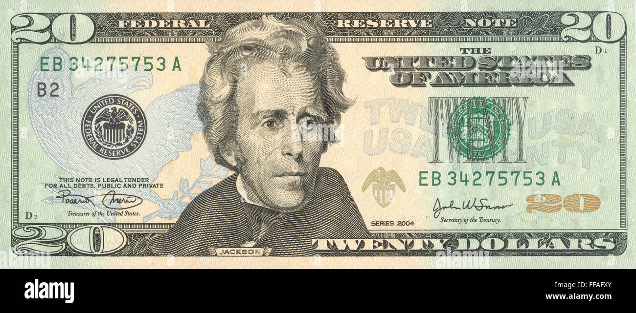 CURRENCY: U.S. $20 BILL. /nA 2004 Series Twenty-Dollar Bill showing the ...
