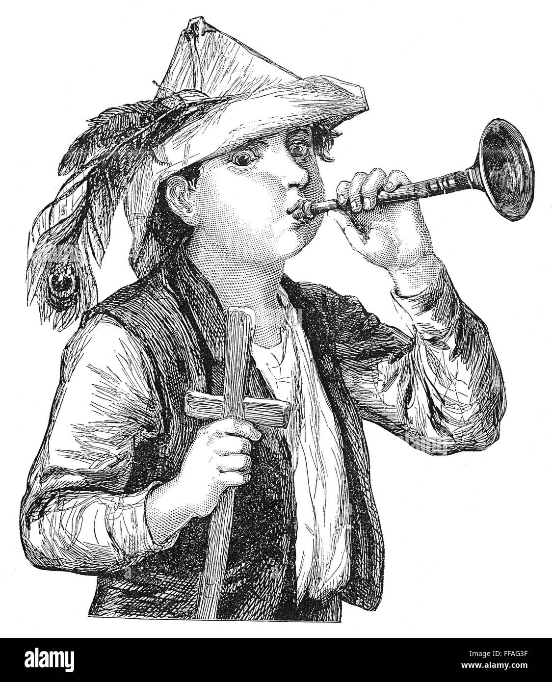 BOY BLOWING BUGLE. /nA boy playing a bugle with a makeshift hat and ...