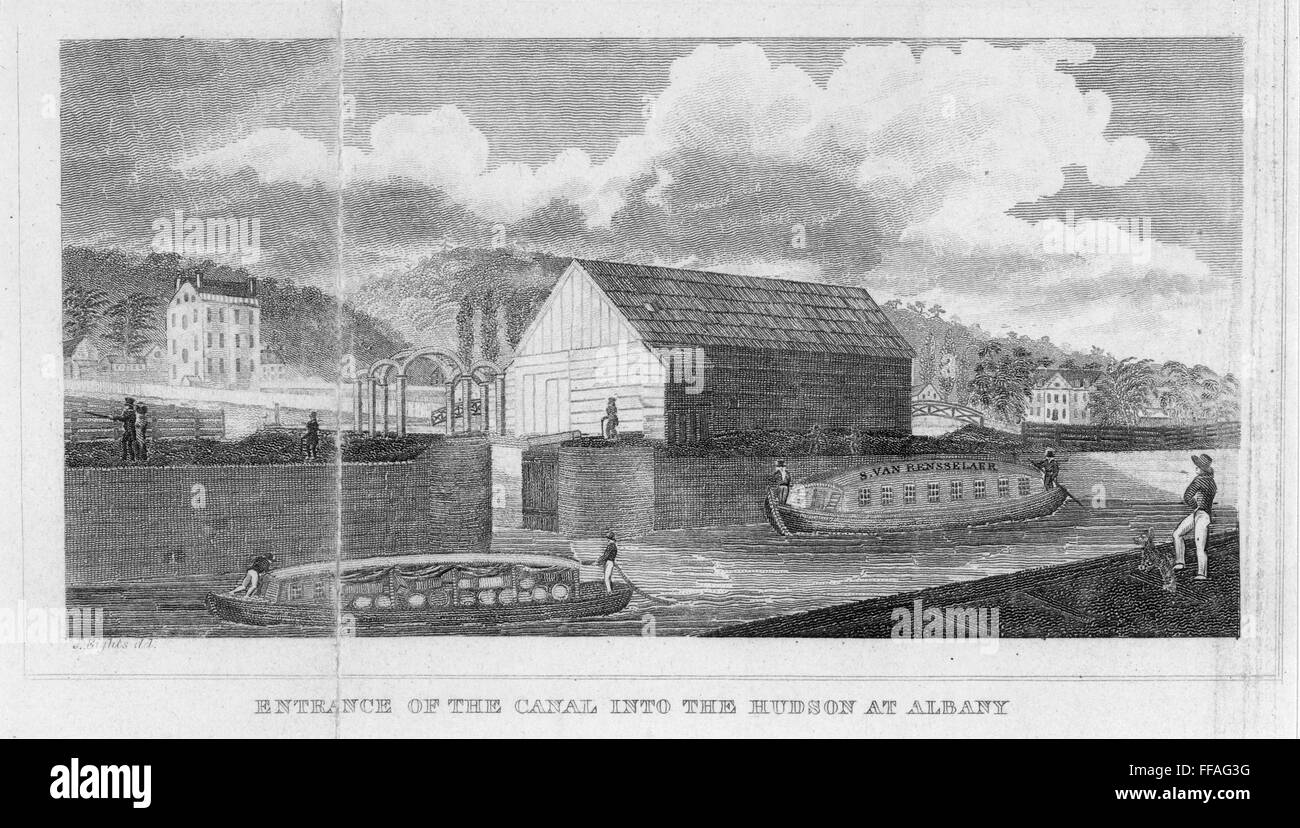 ERIE CANAL, 1825. /nEntrance of the canal into the Hudson at Albany ...