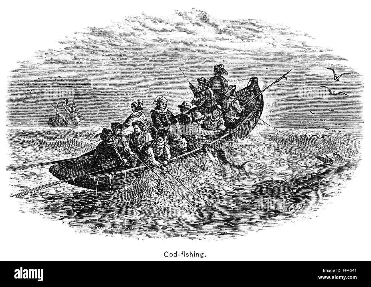 COD-FISHING, 17th CENTURY. /nOff the New England coast: wood engraving ...