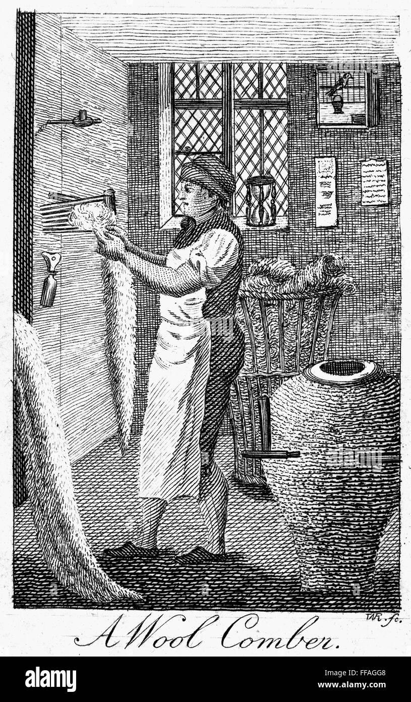 COLONIAL WOOL COMBER. /nA colonial American wool comber. Line engraving ...