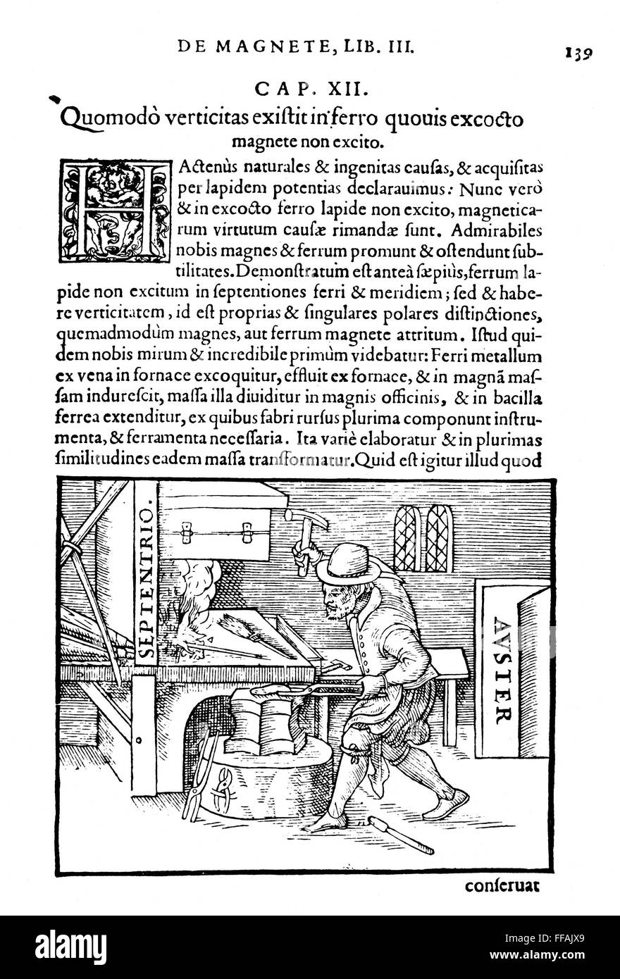 GILBERT: DE MAGNETE, 1600. /nThe magnetizing of iron. A page from ...