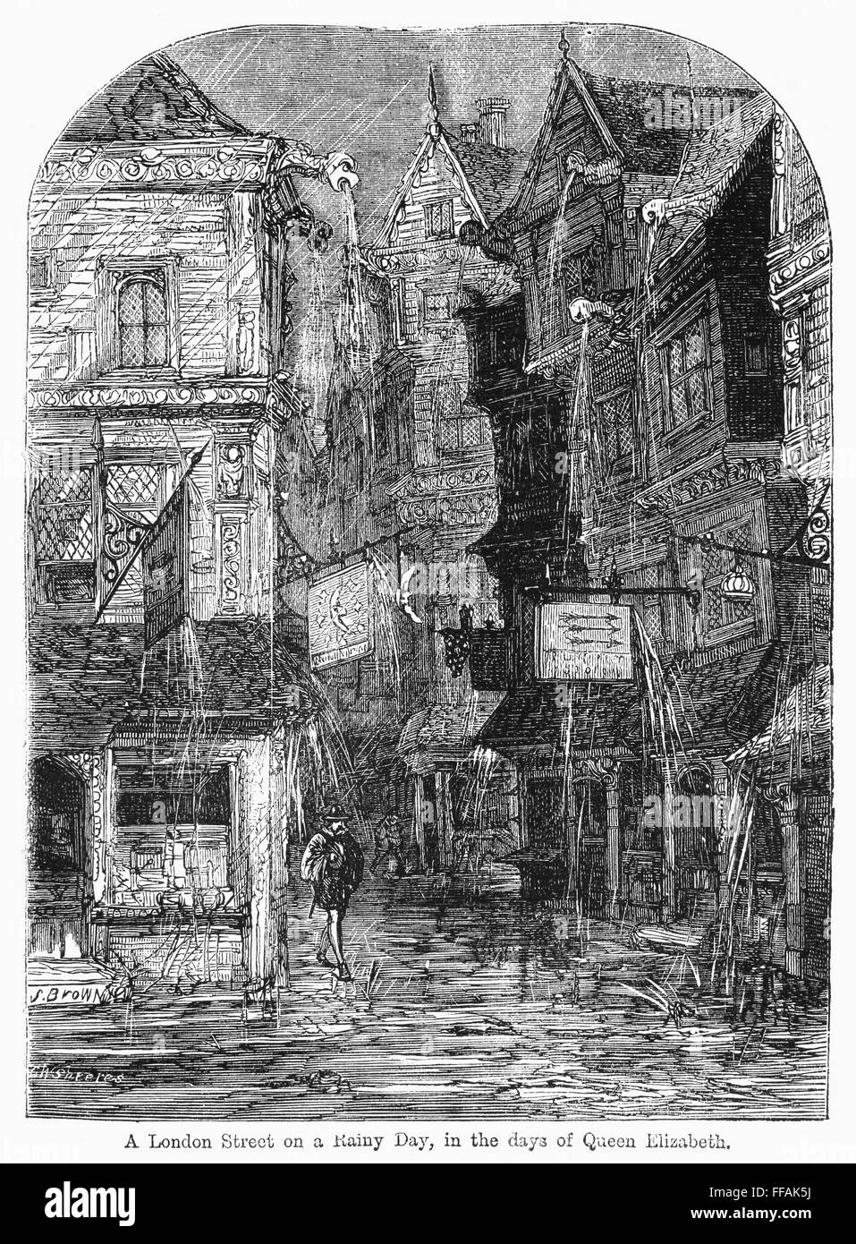 ELIZABETHAN LONDON. /nA London street on a rainy day during the reign ...