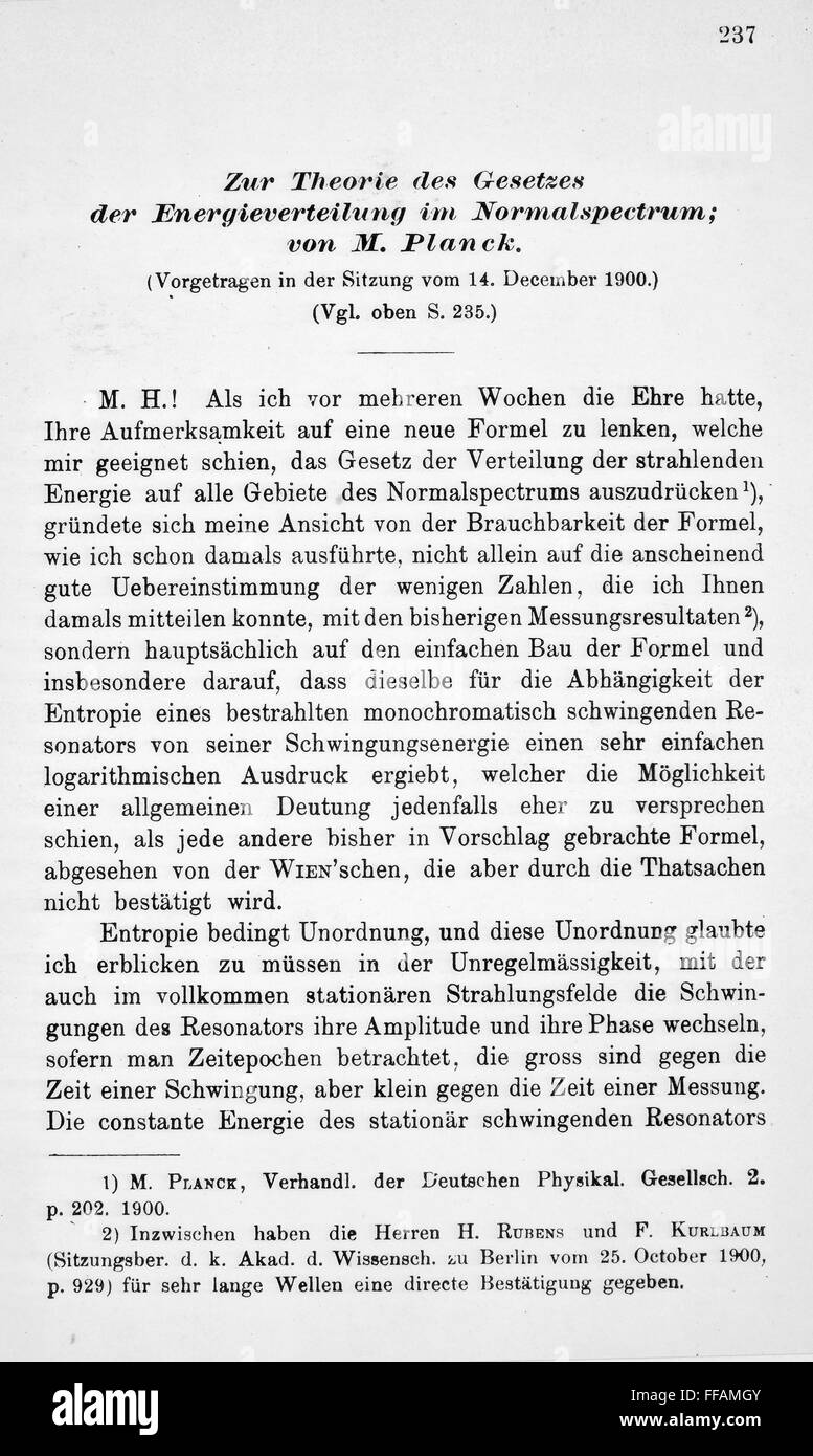 PLANCK: QUANTUM THEORY. /nThe first page of Max Planck's celebrated ... PLANCK: QUANTUM THEORY. /nThe first page of Max Planck's celebrated ...