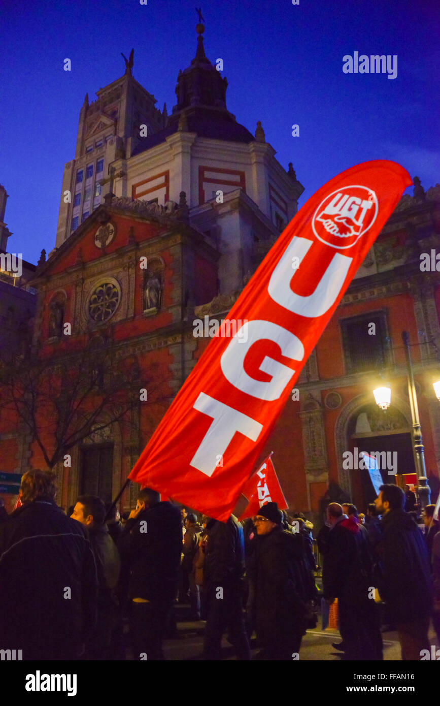 Madrid, Spain 11th February 2016. A protester holding a UGT flag ...