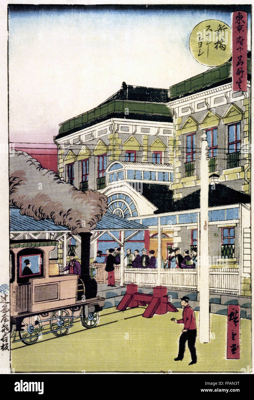 RAILWAY STATION: JAPAN, 1874. /nA locomotive approaching Shimbashi ...