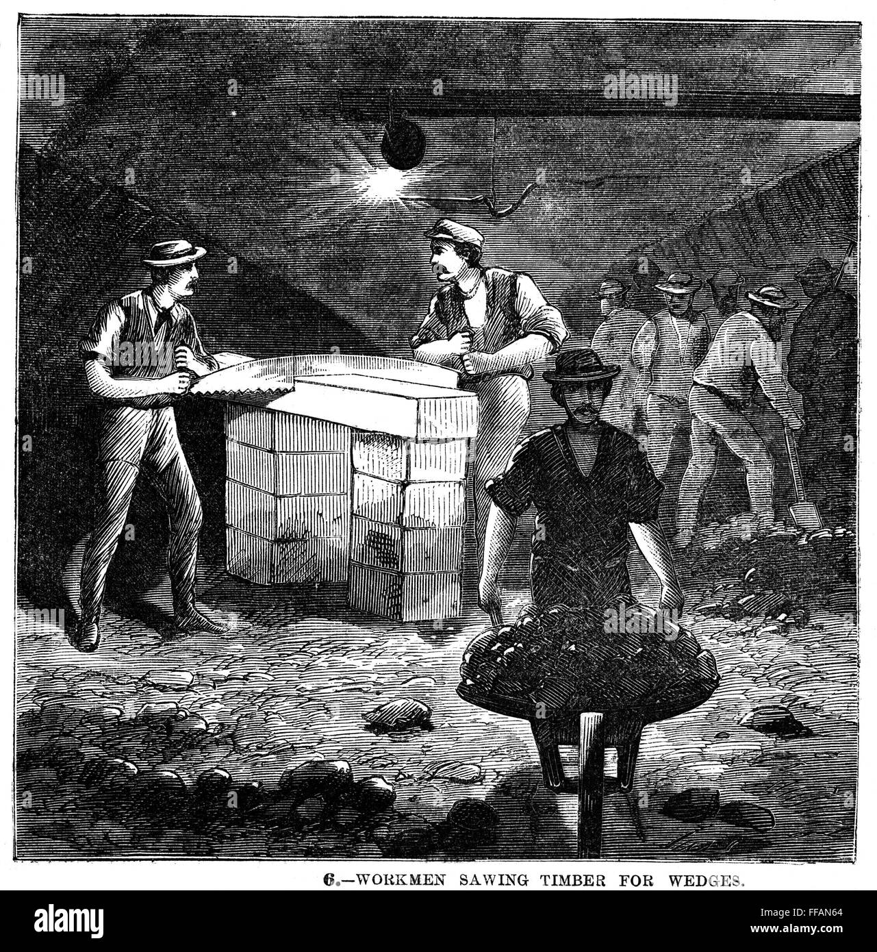 BROOKLYN BRIDGE, 1870. /nLaborers in the caisson at the Brooklyn end of ...