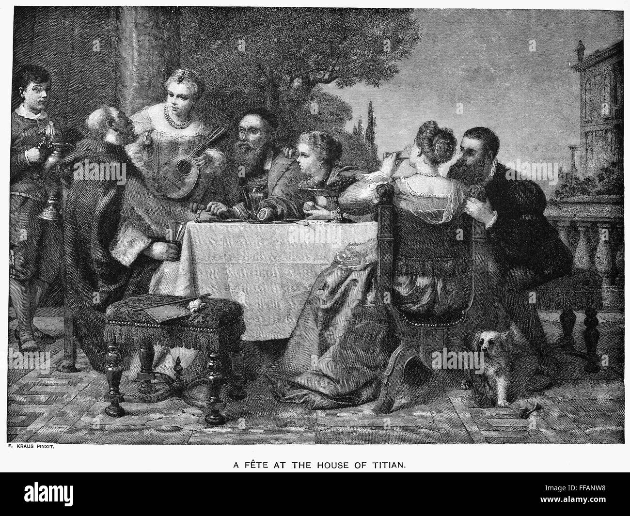 TITIAN (1477-1576). /nItalian painter. A dinner at the house of Titian ...