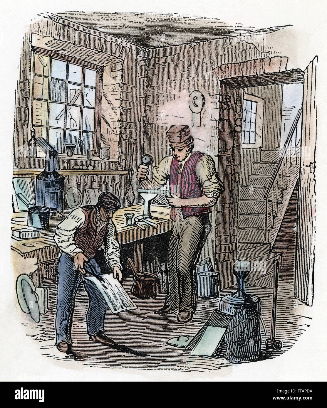TINSMITHS, c1865. /nA tinsmith's workshop. Wood engraving, English ...