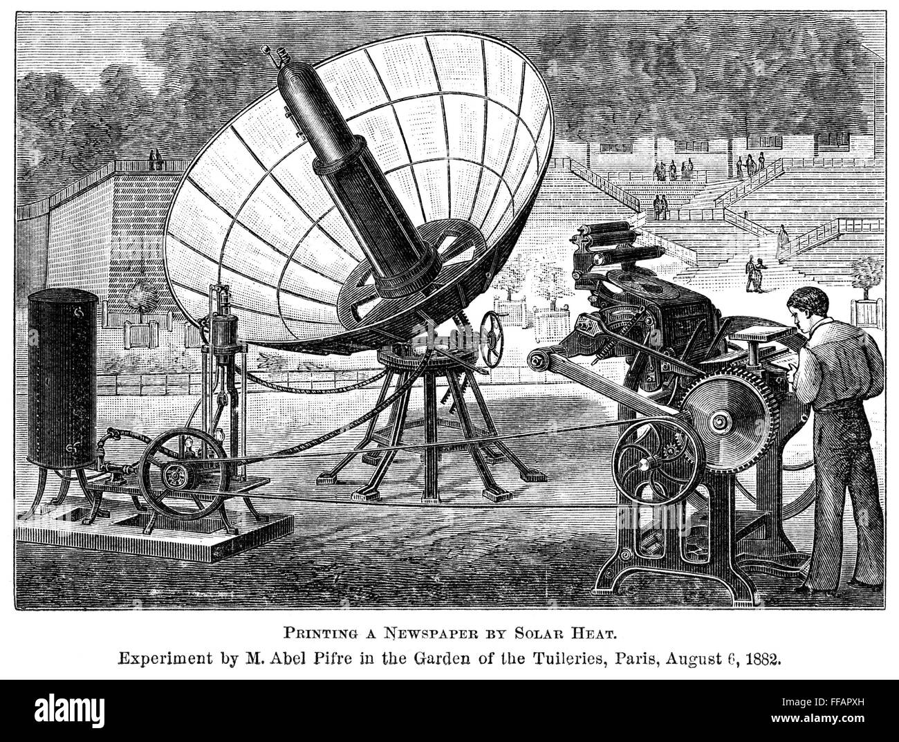 SOLAR ENERGY, 1882. /nPrinting a newspaper by solar power, as ...