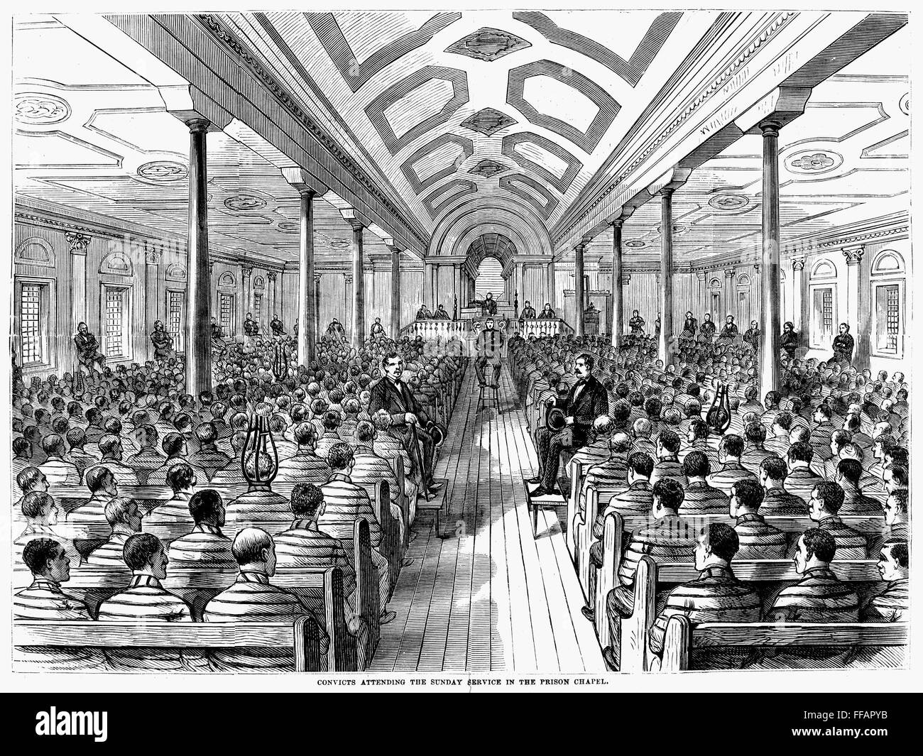 PRISON CHAPEL, 1878. /nConvicts attending the Sunday service in the ...
