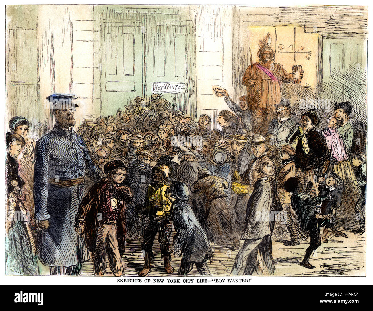 NEW YORK STREET SCENE. /nA 'Boy Wanted' sign attracts a multitude of ...