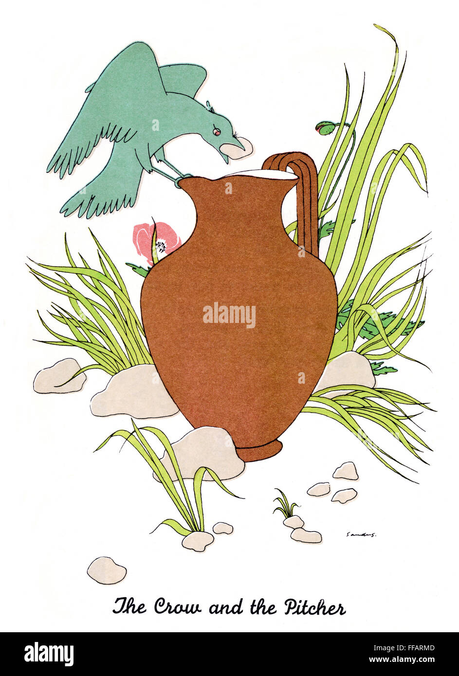 AESOP: CROW & PITCHER./nAesop: "The Crow and the Pitcher." Watercolor ...