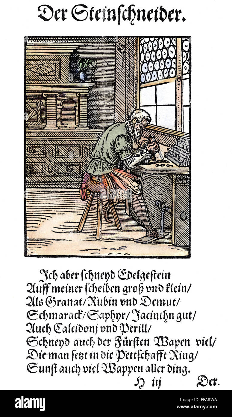 GEM CUTTER, 1568. /nWoodcut, 1568, by Jost Amman Stock Photo - Alamy