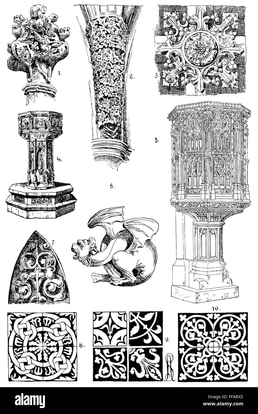 GOTHIC ORNAMENT. /nGothic decorative architectural elements. Engraving ...