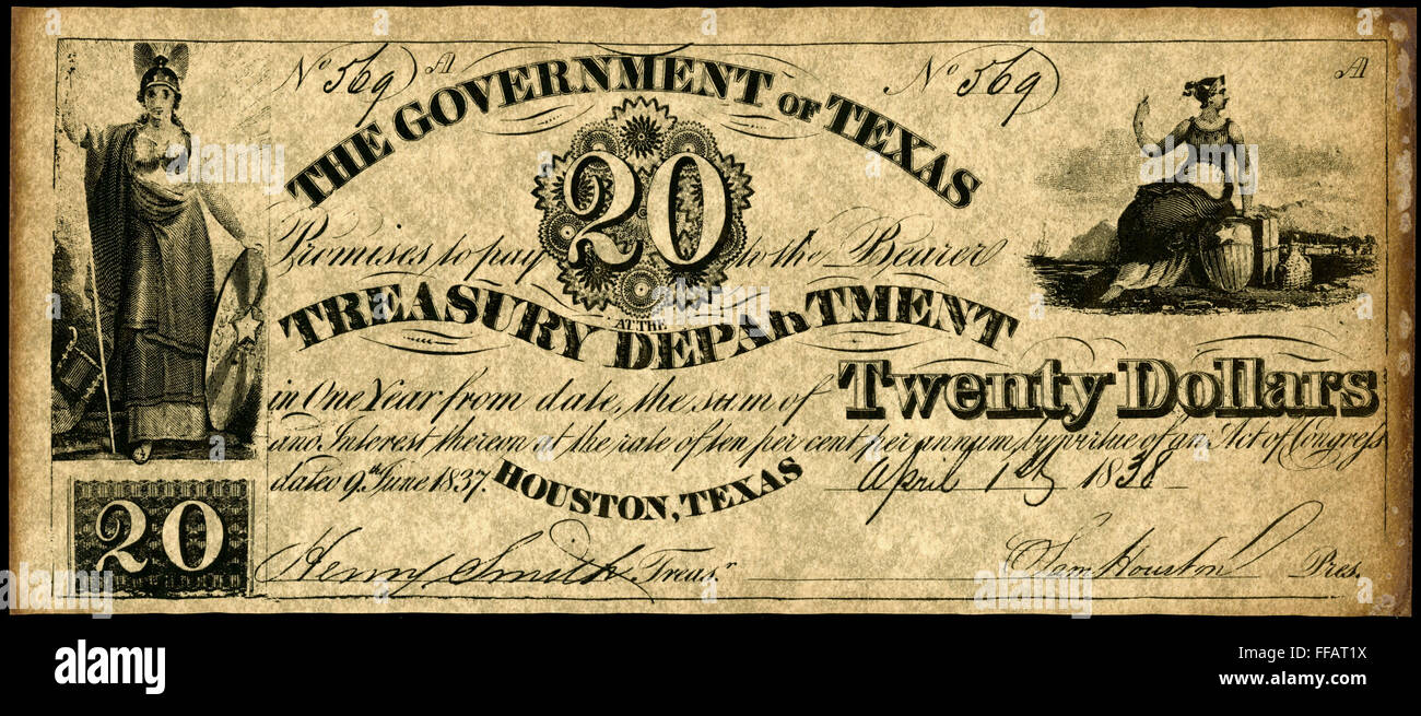 TEXAS BANKNOTE, 1838. /nNote for twenty dollars issued by the Treasury ...