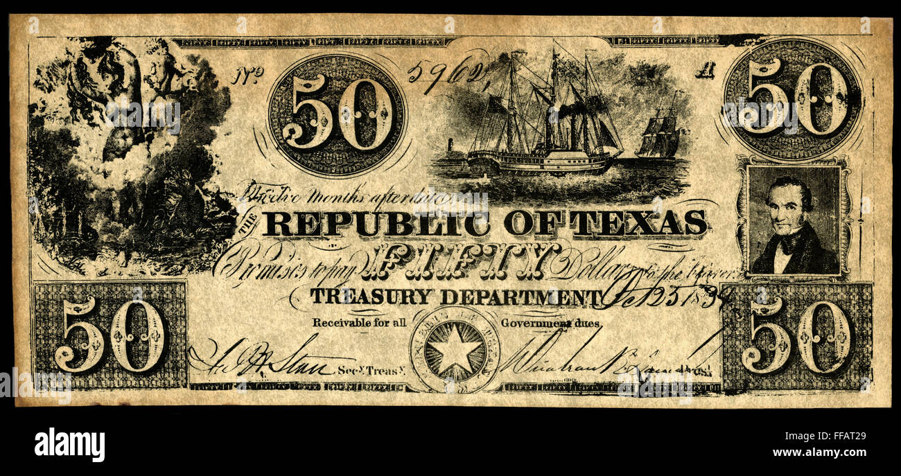 TEXAS BANKNOTE, 1839. /nFifty dollar banknote issued by the Treasury ...