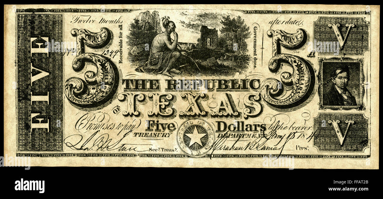 TEXAS BANKNOTE, 1840. /nNote for five dollars issued by the Treasury ...