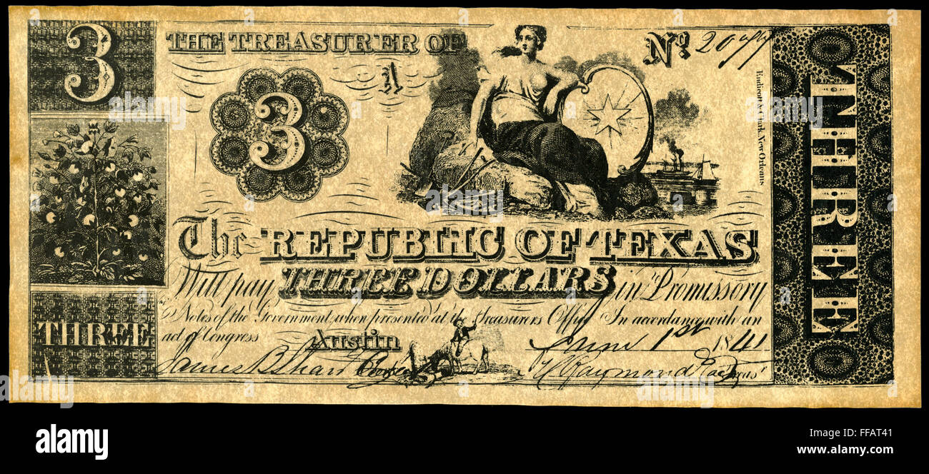 TEXAS BANKNOTE, 1841. /nNote for three dollars issued by the Treasury ...