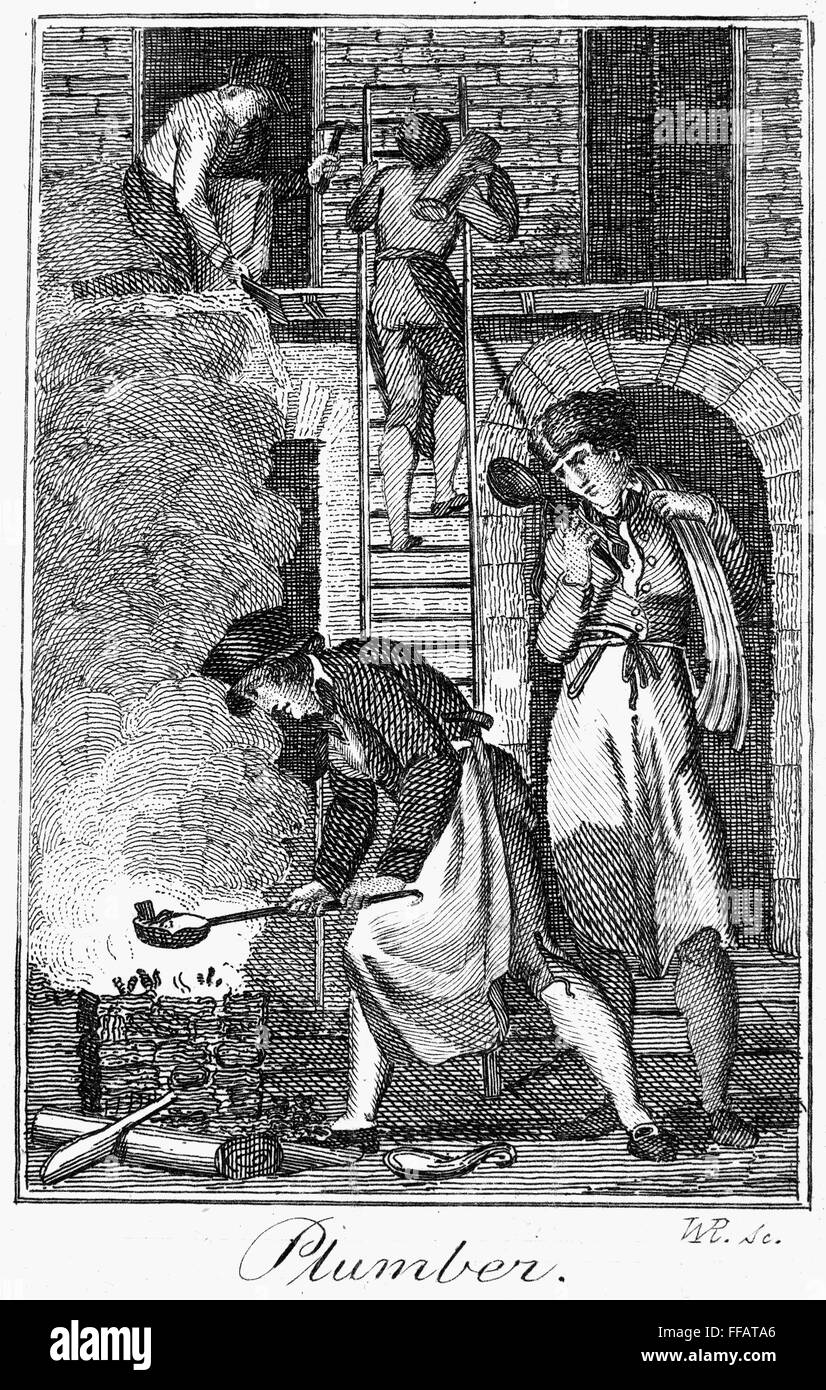 COLONIAL PLUMBER. /nA colonial American plumber assisted by indentured ...