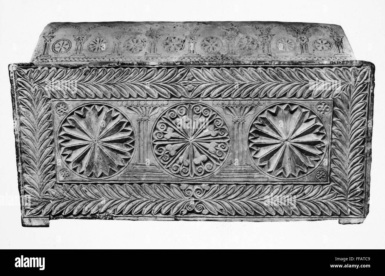 COFFIN, FIRST CENTURY. /nEarly Christian limestone coffin in the form ...