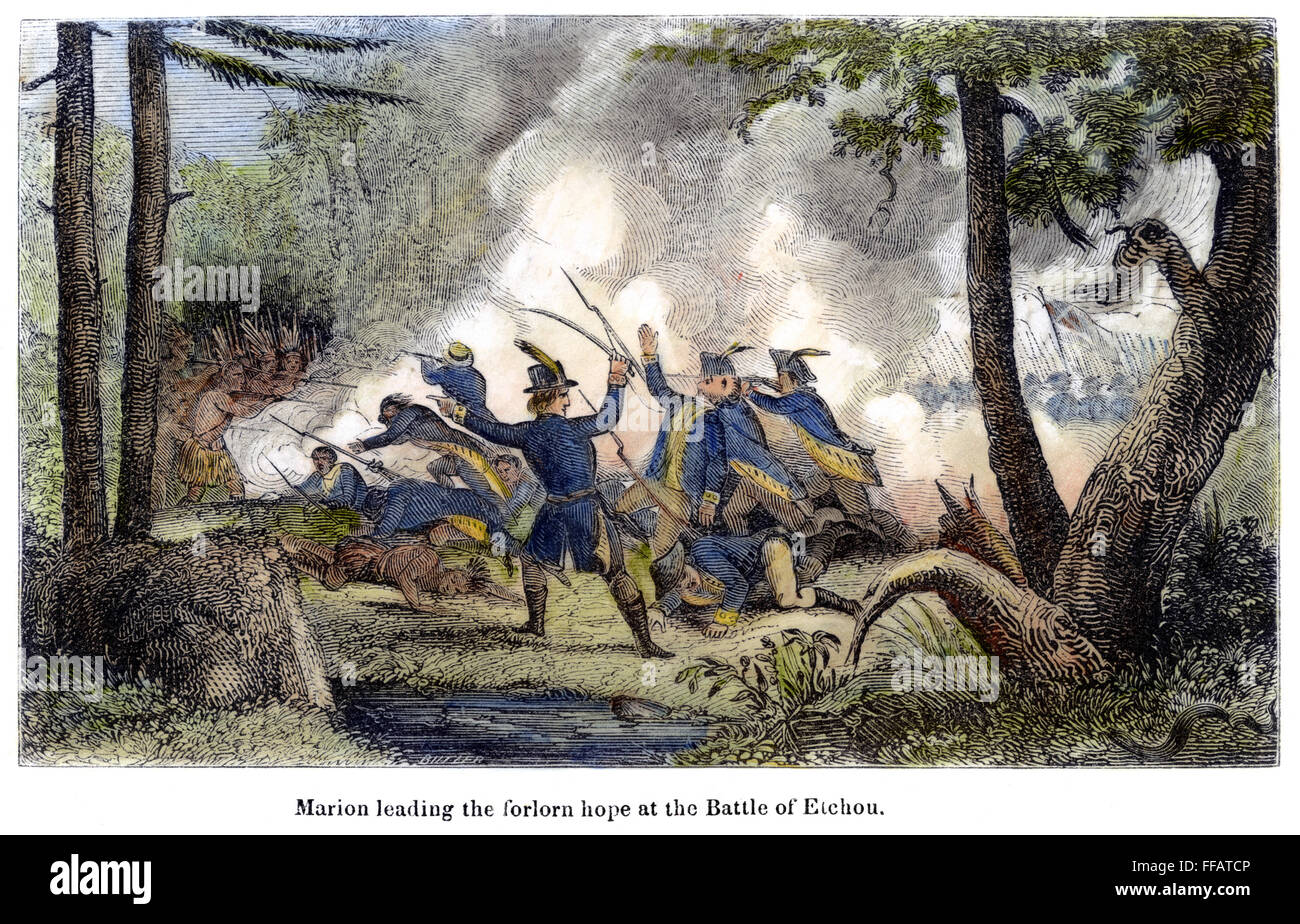MARION AT ETCHOEE, 1761. /nLieutenant Francis Marion leads an advance ...