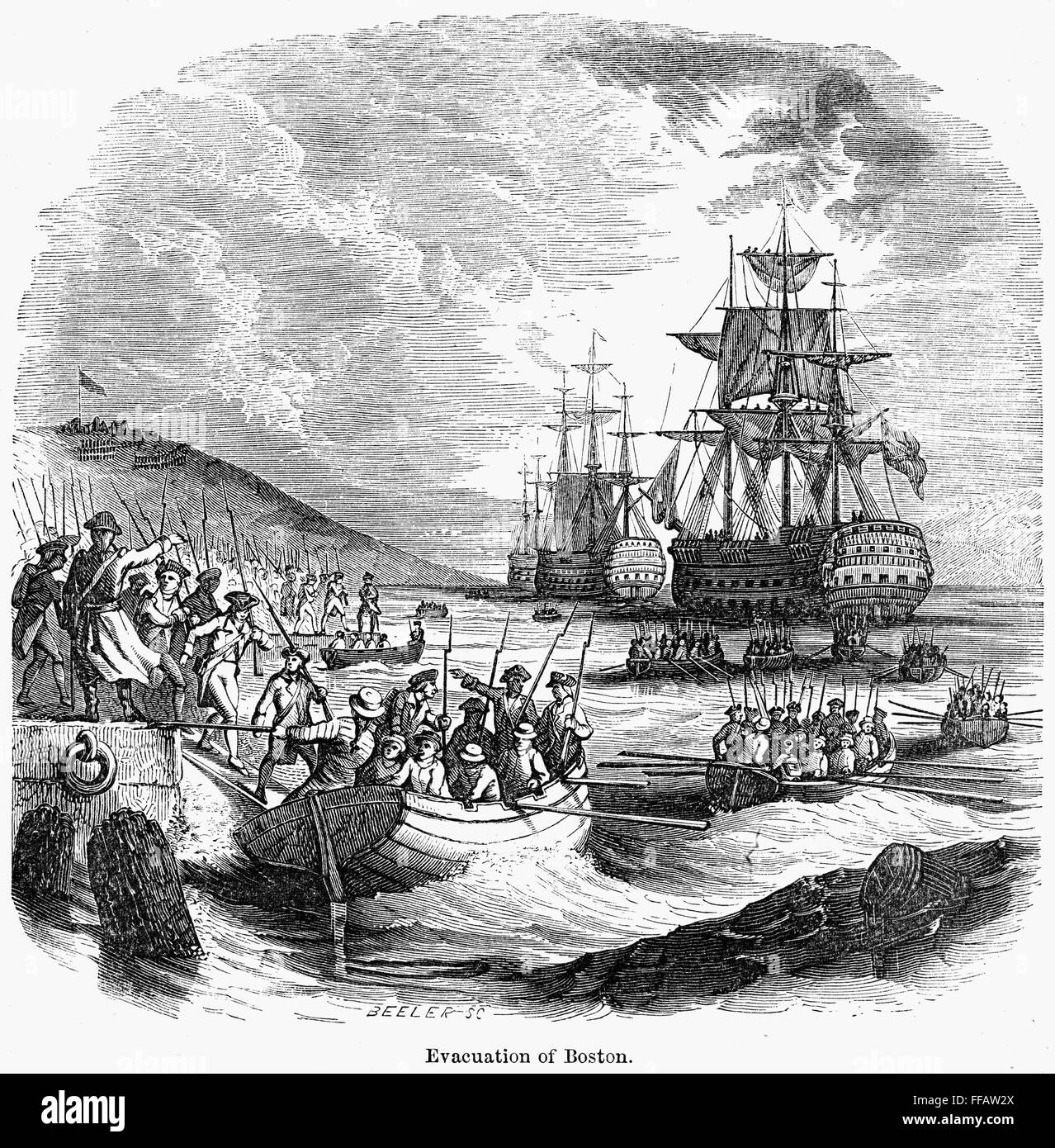 BOSTON: EVACUATION, 1776. /nGeneral George Washington observing the ...