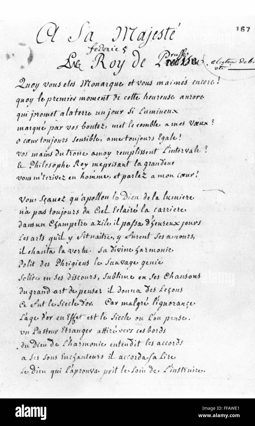 VOLTAIRE LETTER, 1740. /nLetter from Voltaire to Frederick II, King of ...
