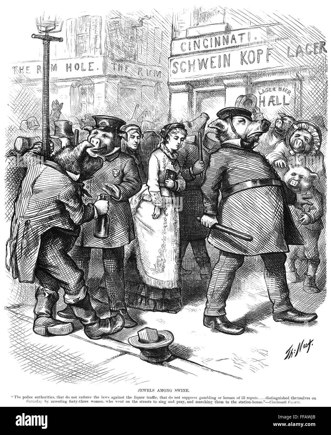POLICE CARTOON, 1874. /n'Jewels Among Swine.' American newspaper ...