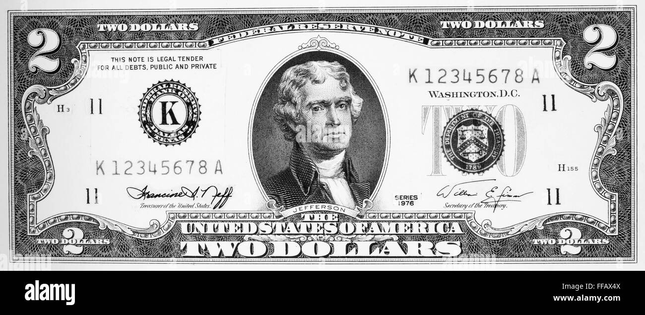 TWO DOLLAR BILL. /nPresident Thomas Jefferson on the front of a U.S ...