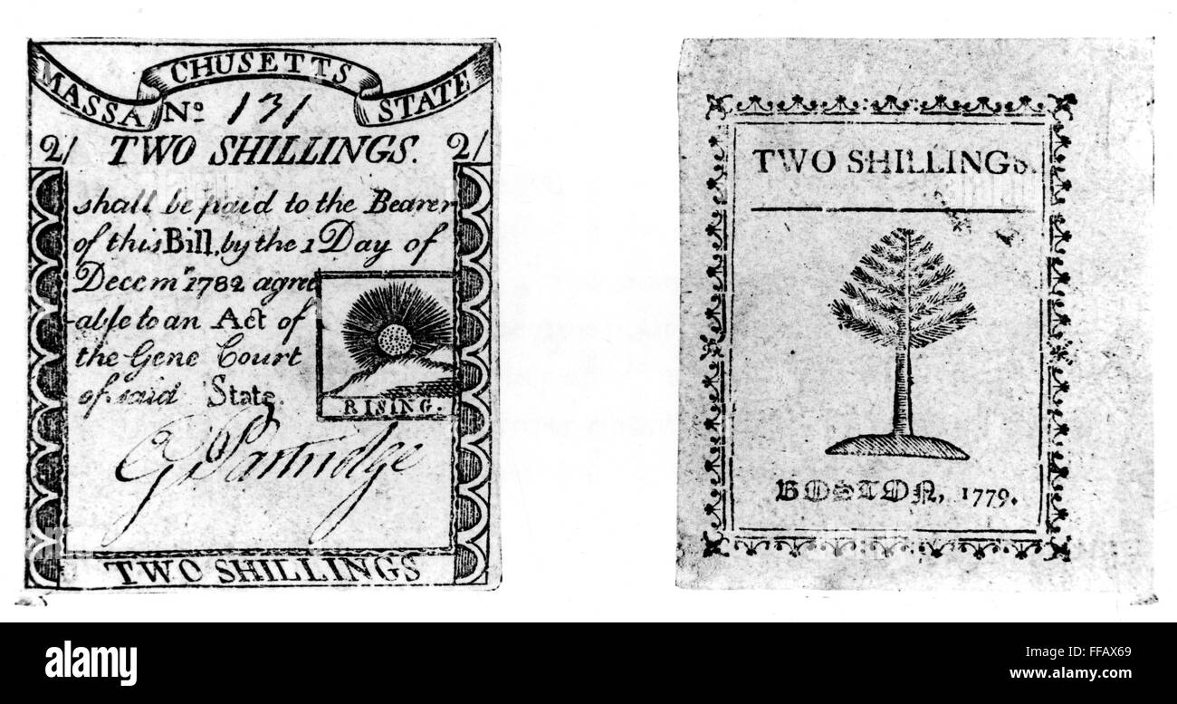 MASSACHUSETTS BANKNOTE. /n'Rising Sun' two shilling paper bill of 1779 ...