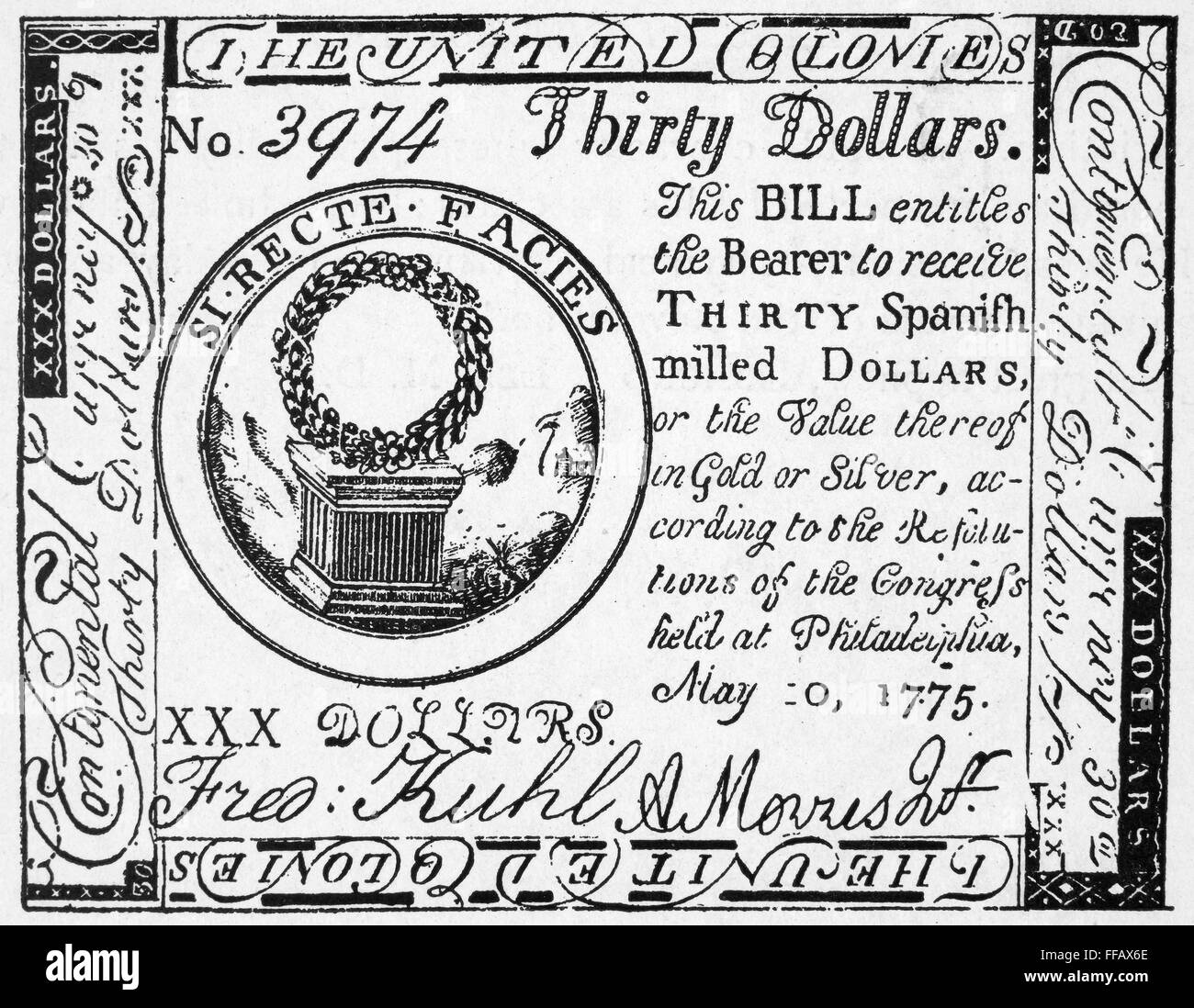 CONTINENTAL BANKNOTE, 1775. /nCongressional thirty dollar banknote ...